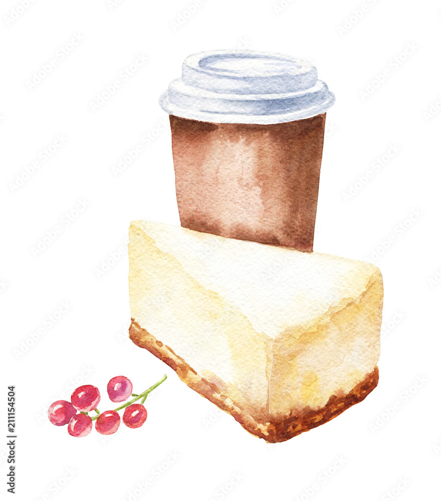 Hand drawn watercolor cheesecake with coffee cu and berries isolated on ...