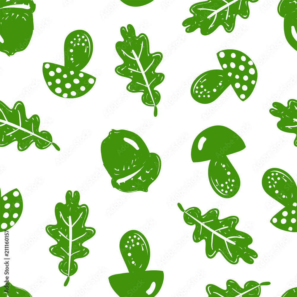 Forest simple sketh drawn by hand pattern with mushroom, acorn, oak ...