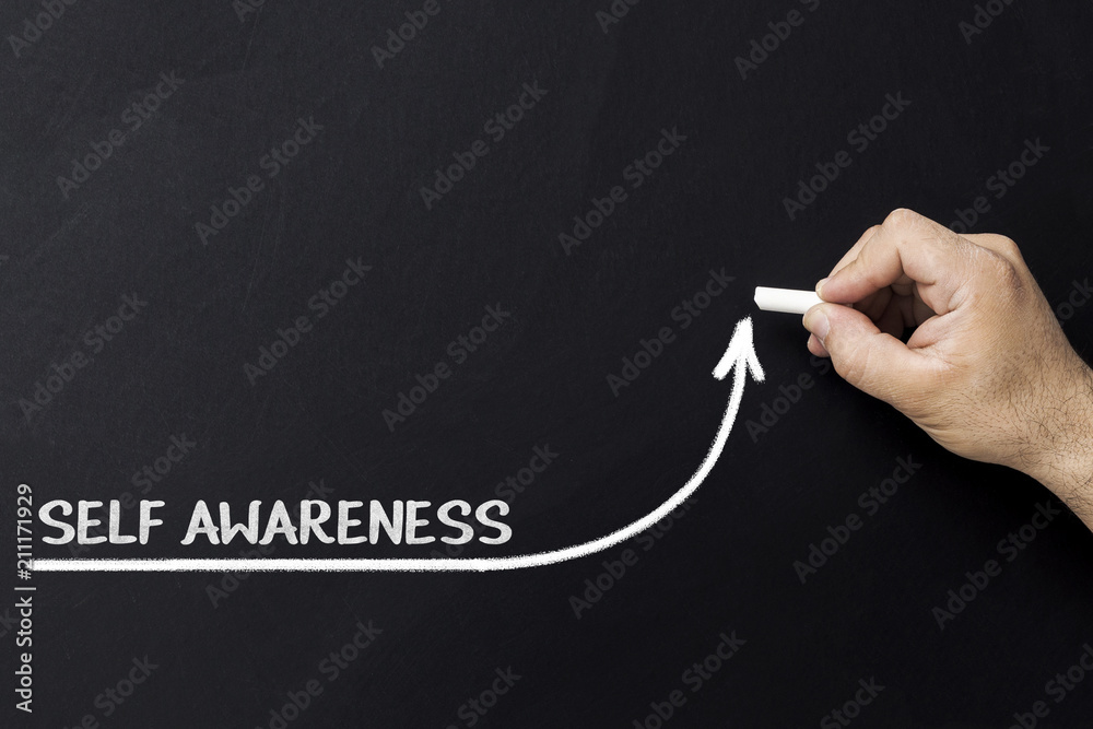 Self-awareness improvement concept. Businessman draw accelerating line ...
