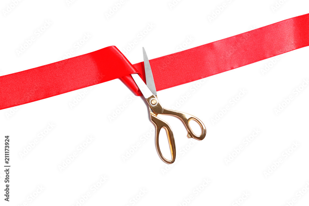 Ribbon and scissors on white background, top view. Ceremonial red tape ...