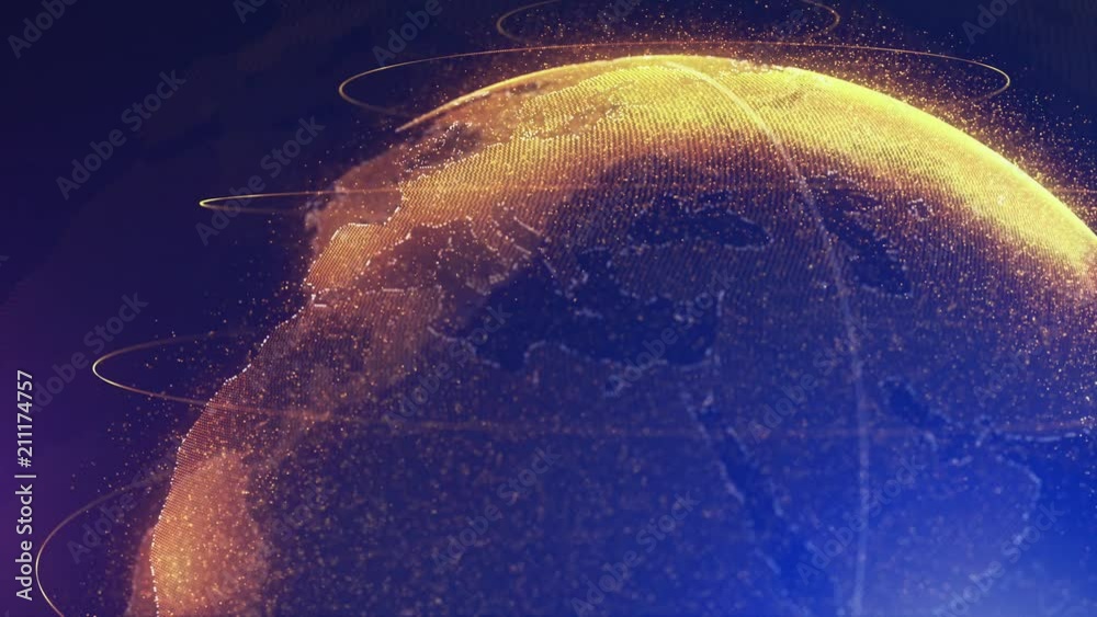 Digital Orange shinny globe of Earth. Rotation of glossy planet with ...