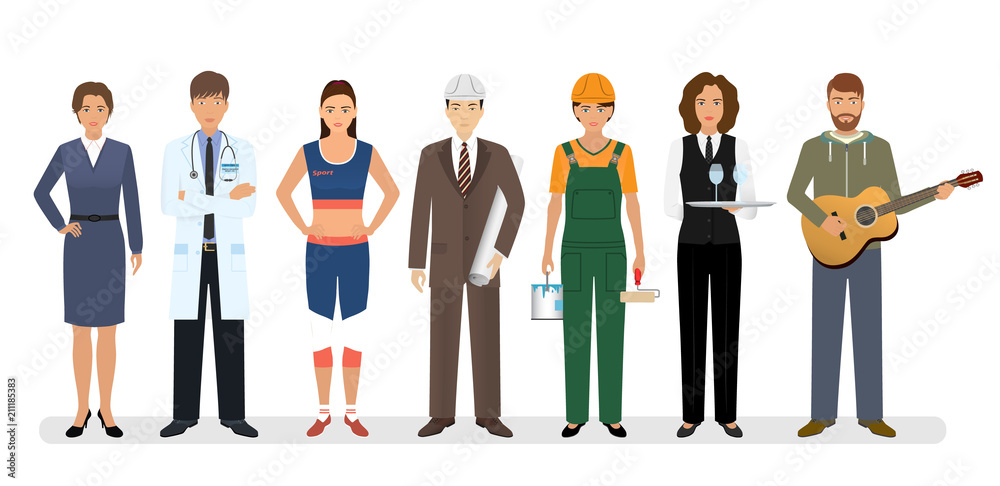 Employee and workers characters standing together with doctor, engineer ...