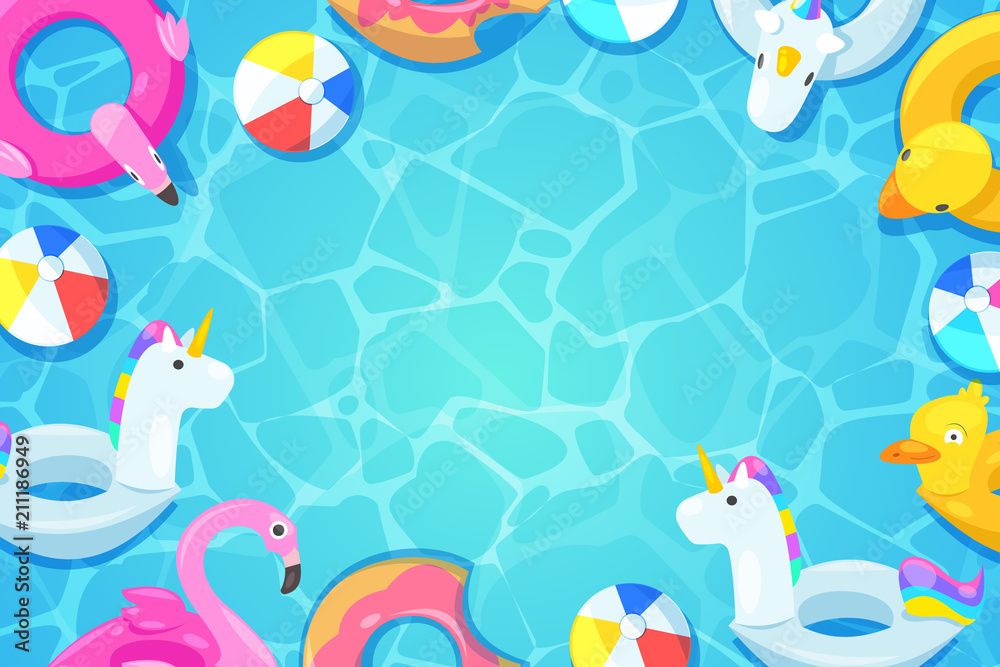 Swimming pool frame. Colorful floats in water, vector cartoon ...