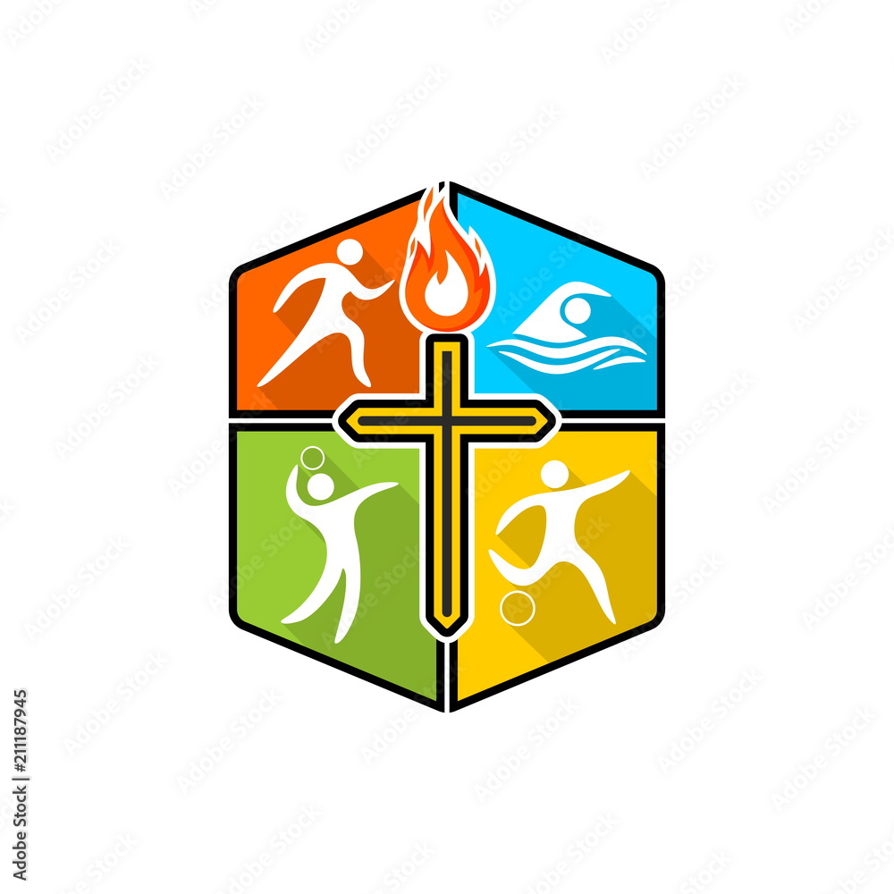 Athletic Christian logo. Various kinds of sports on a multi-colored ...
