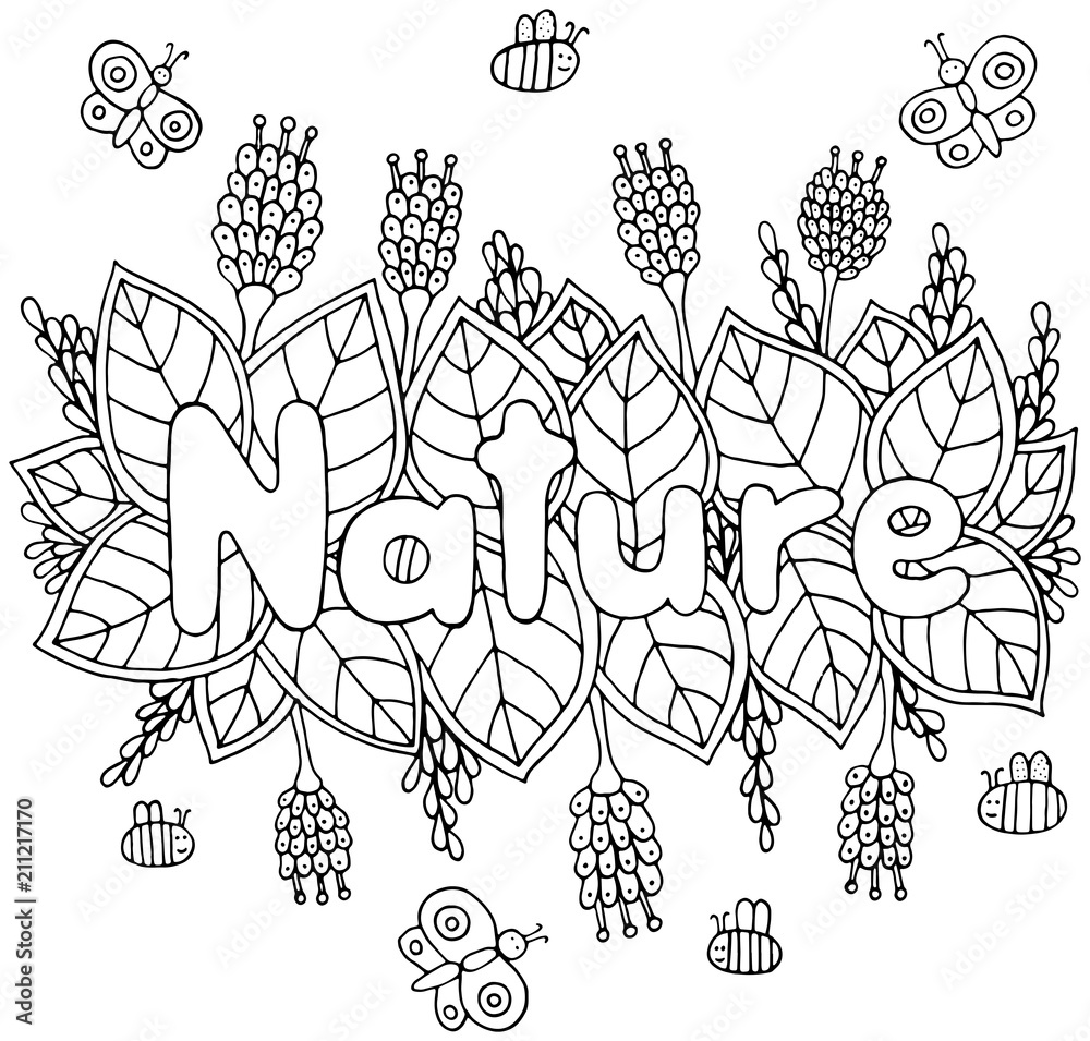 Nature word - coloring page for adults and children. Doodle cartoon ...