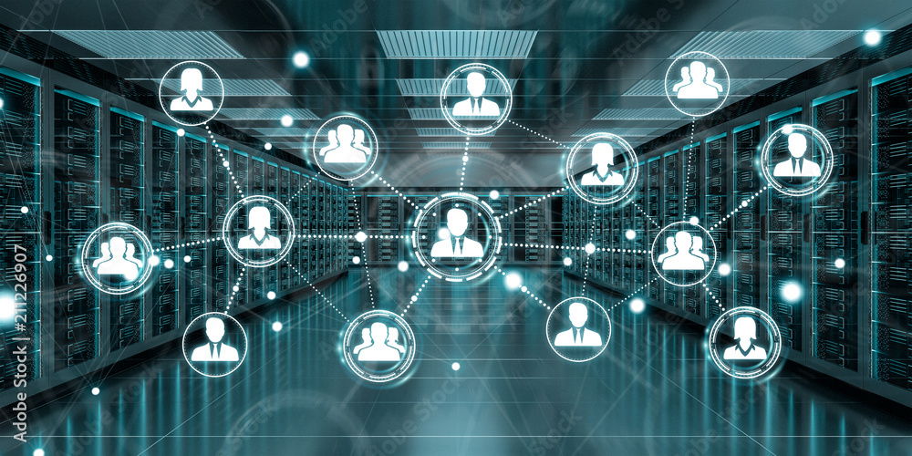 Social network over server room data center 3D rendering Stock Photo ...