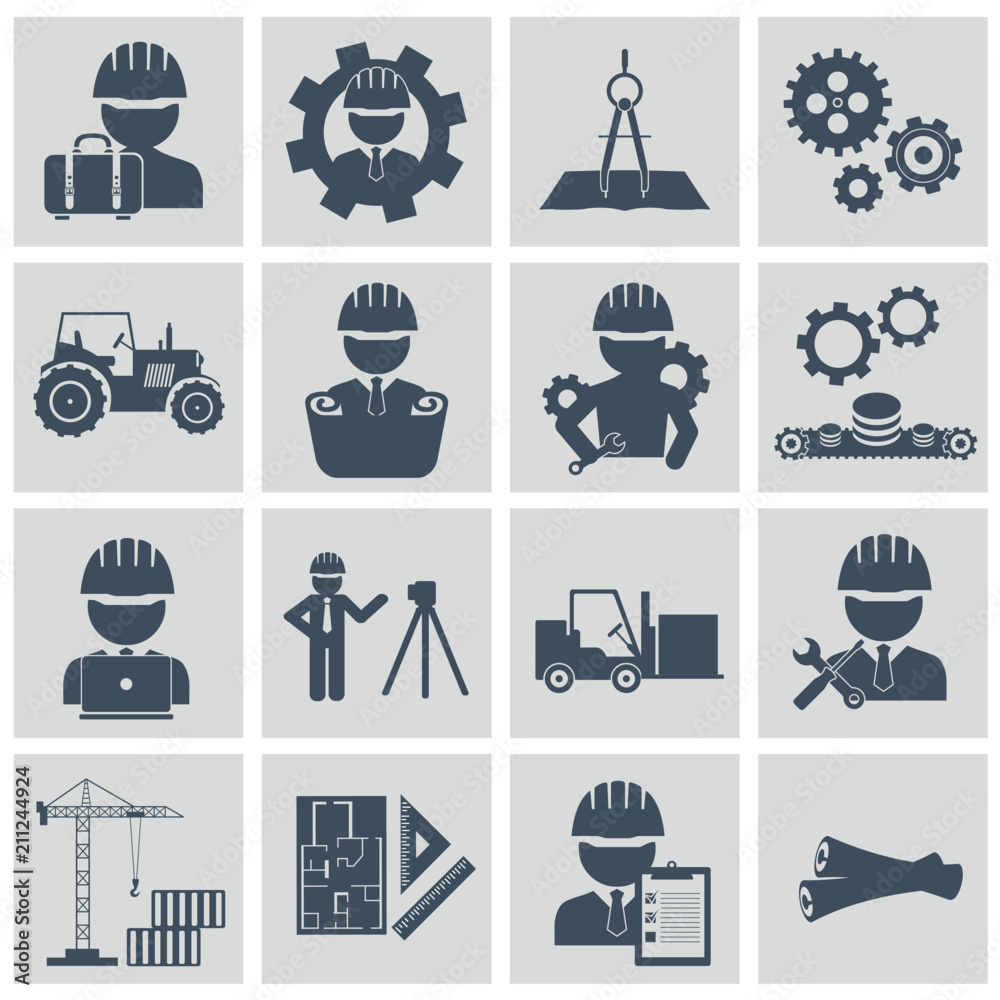 Engineering icon set. Engineer construction equipment machine operator ...