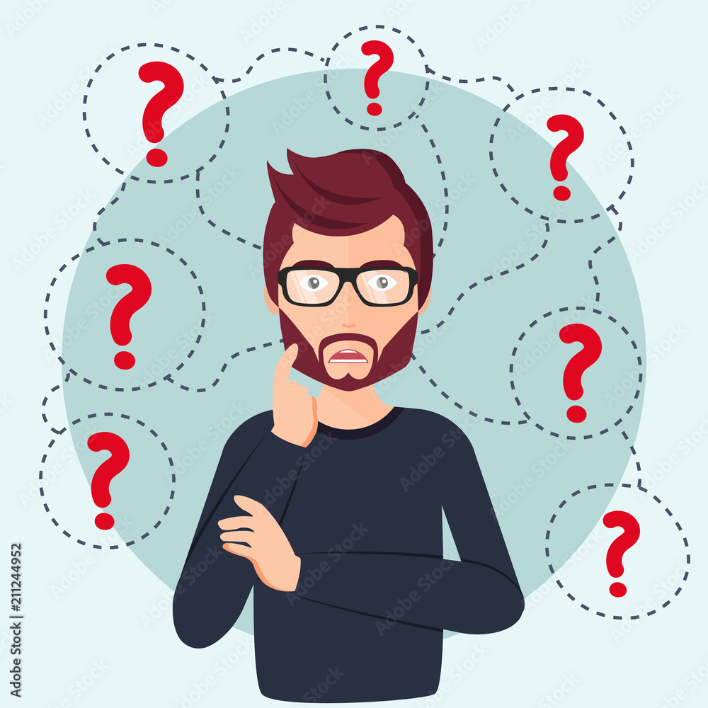 Young man thinking standing under question marks. Man surrounded by ...