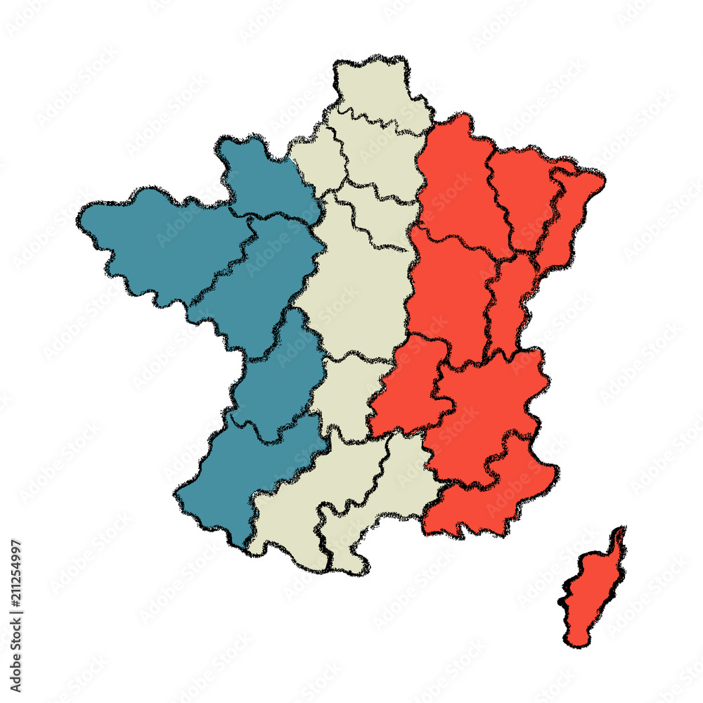 Hand drawn map of France painted with colors of French flag. Color ...