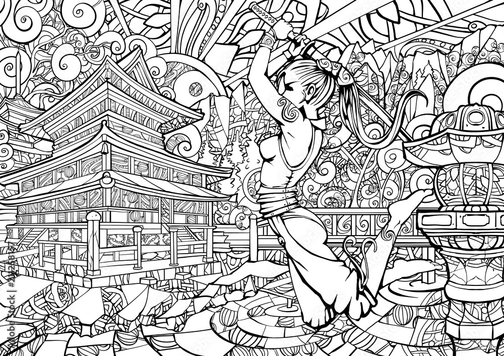 Coloring page for adults, girl samurai in the jump. Stock Illustration ...