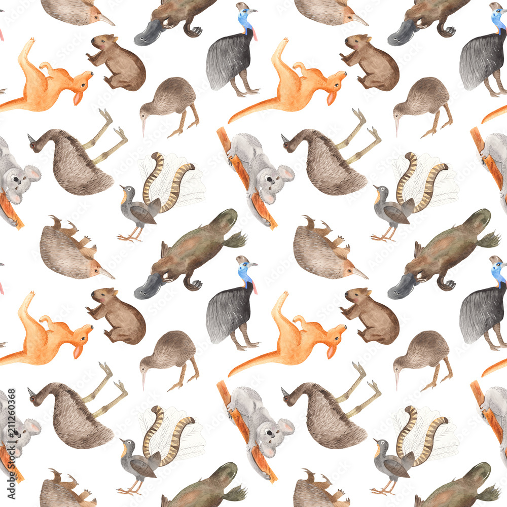 Seamless pattern of Australian animals. Hand-drawn watercolor on a ...