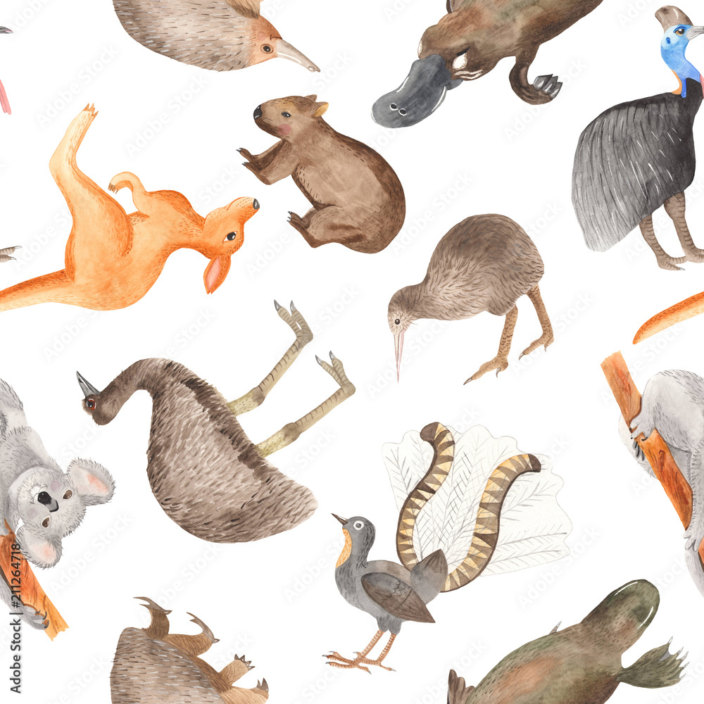 Seamless pattern of Australian animals. Hand-drawn watercolor on a ...