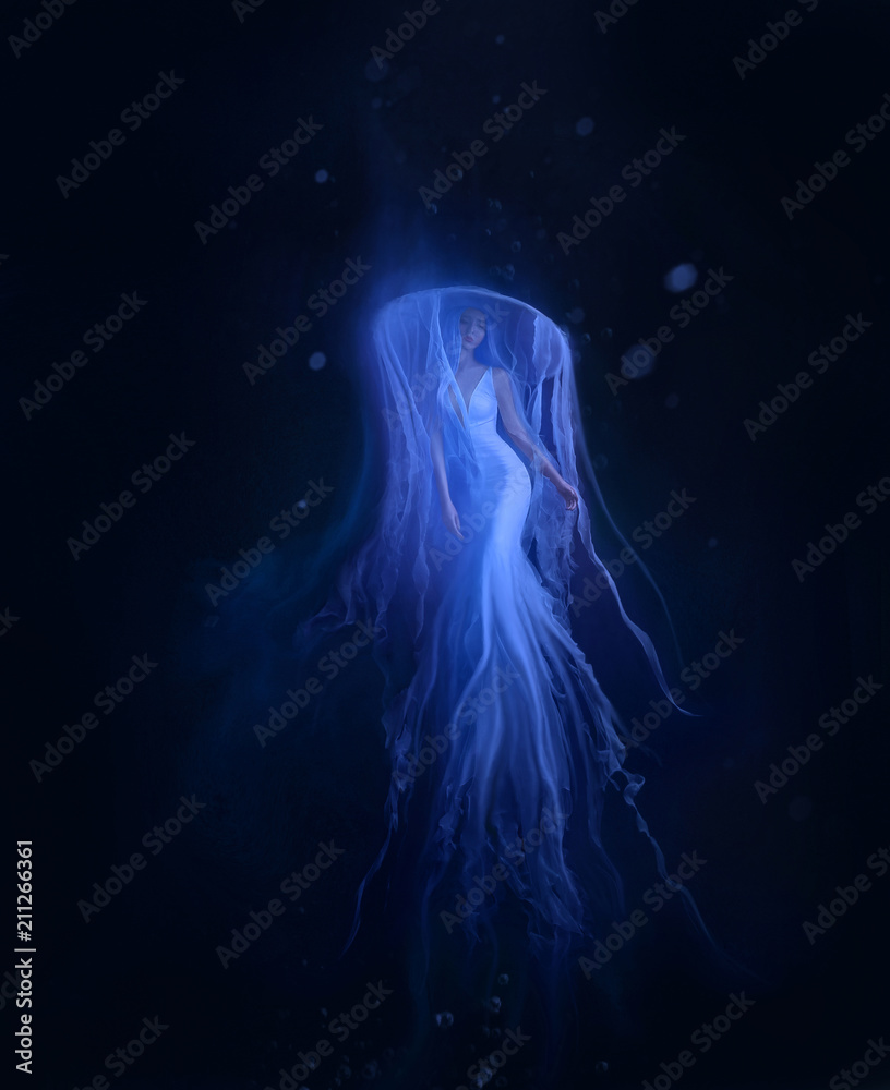 A jellyfish girl floating in levitation on a dark ocean floor. A ...