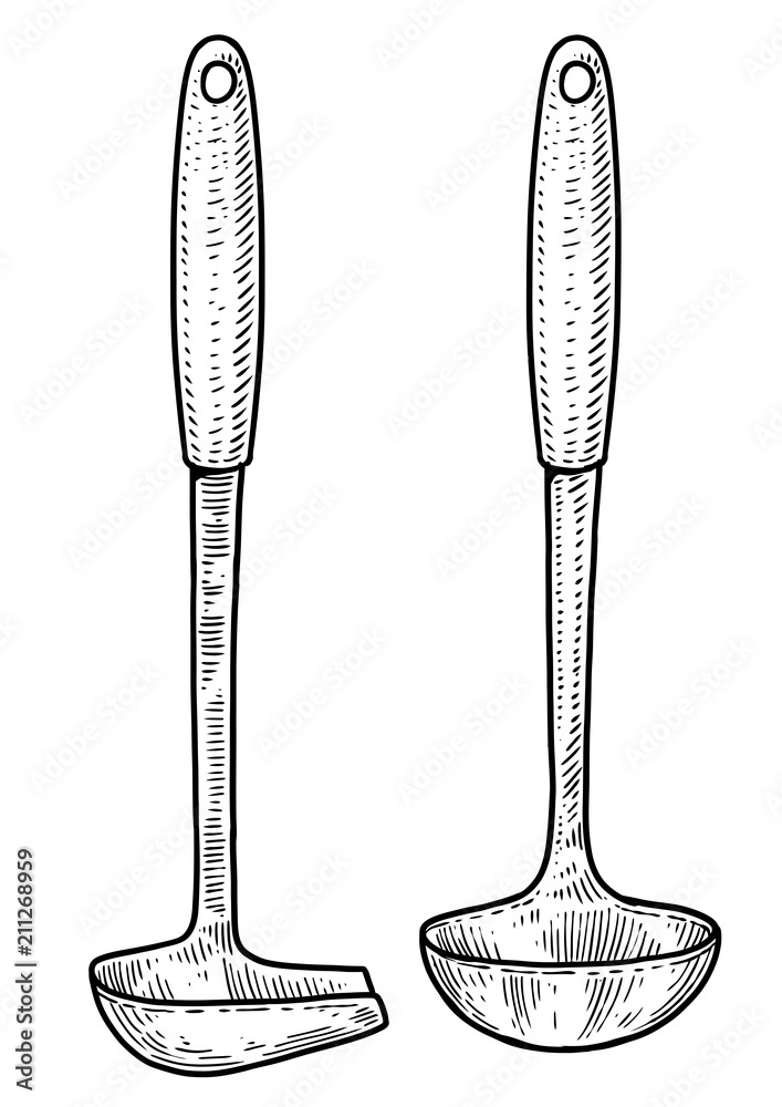 Soup ladle illustration, drawing, engraving, ink, line art, vector ...