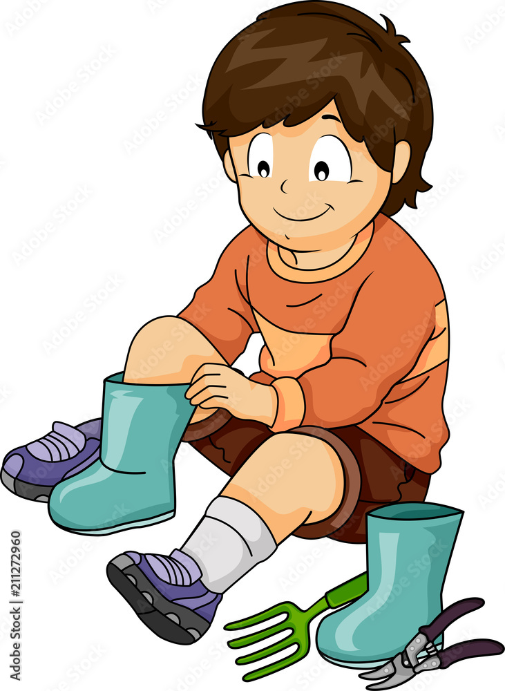 Kid Boy Wear Gardening Boots Illustration Stock Vector | Adobe Stock