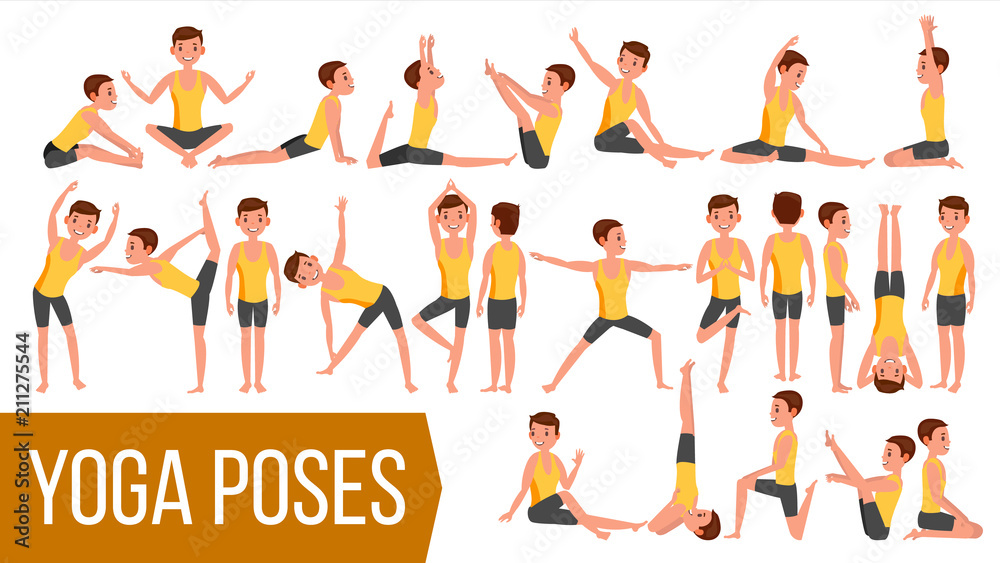 Yoga Man Poses Set Vector. Relaxation And Meditation. Stretching And ...
