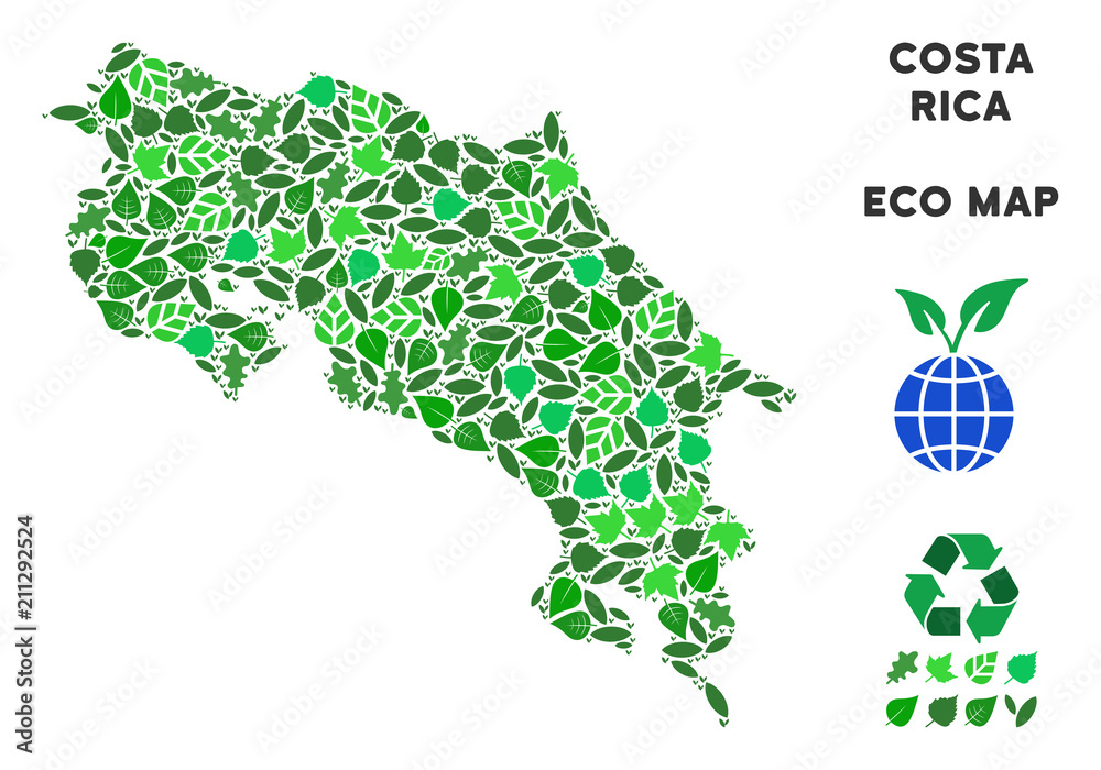 Ecology Costa Rica map composition of herbal leaves in green color ...