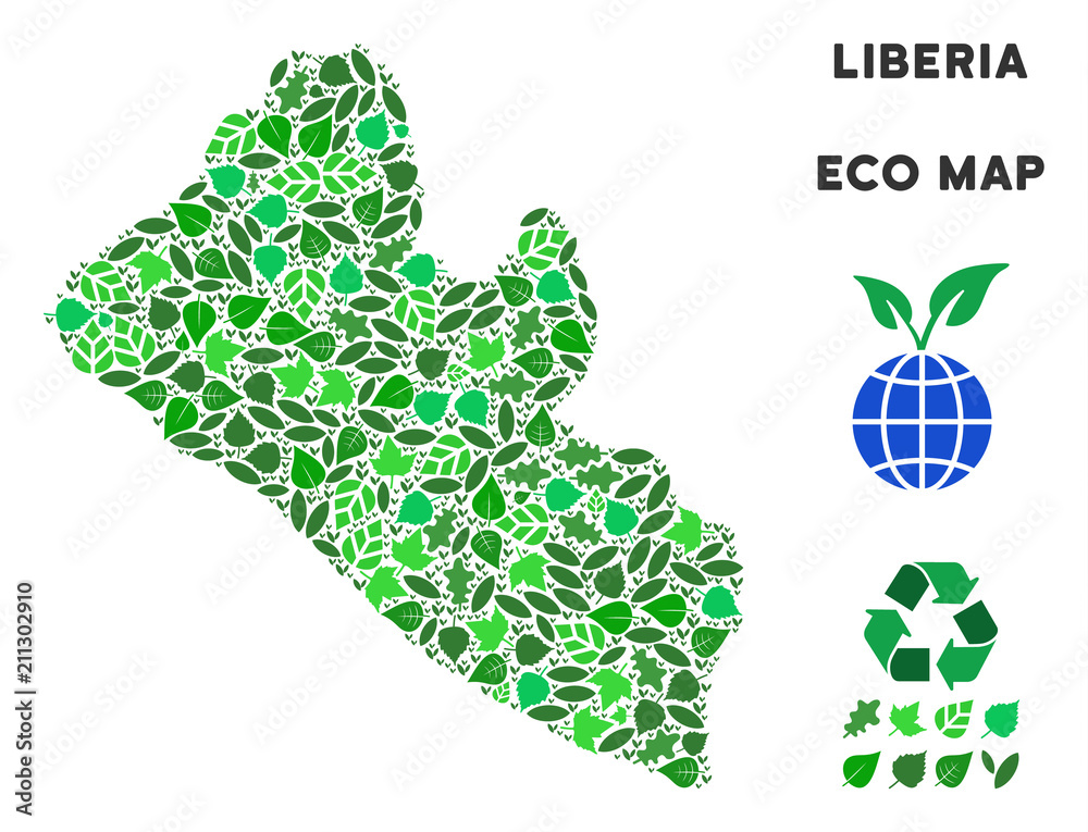 Eco Liberia map composition of herbal leaves in green color tinges ...