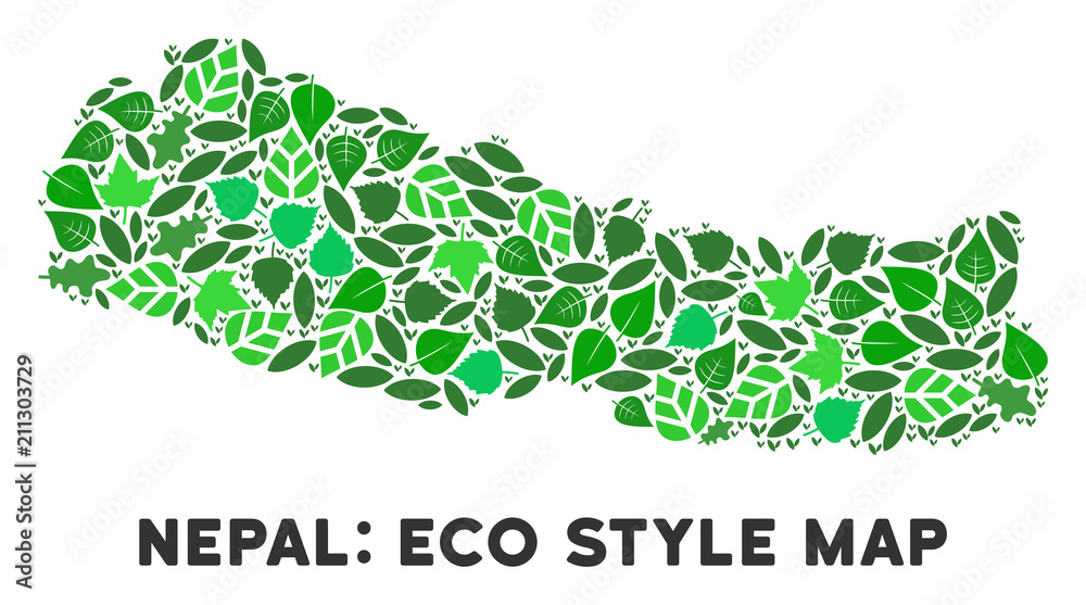 Vetor de Ecology Nepal map composition of herbal leaves in green color ...