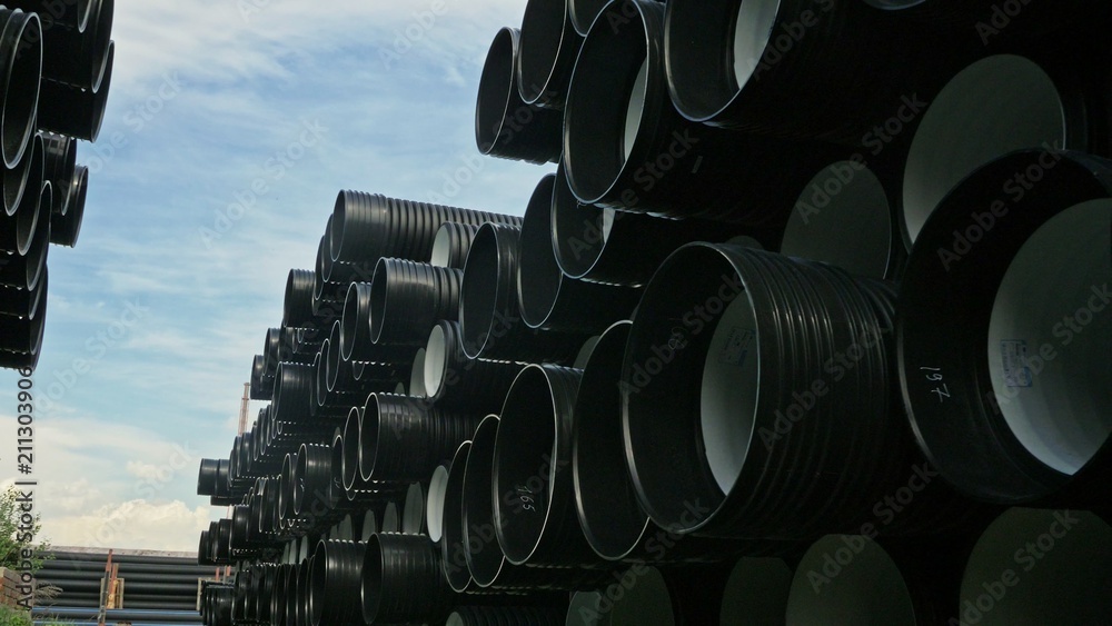 Warehouse of finished plastic pipes industrial outdoors storage site ...