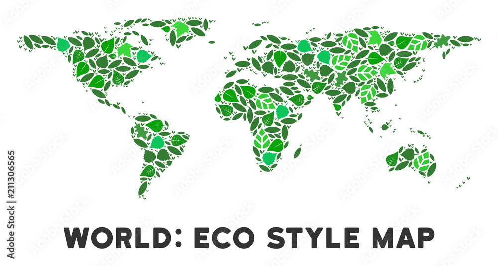 Ecology world map mosaic of herbal leaves in green color variations ...