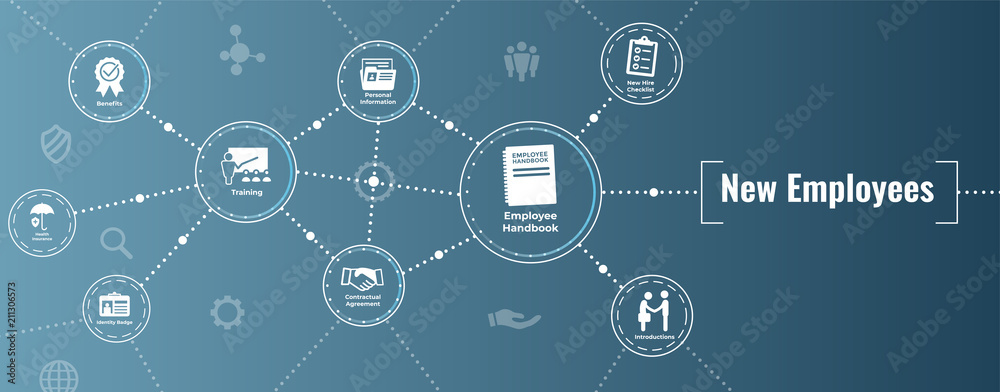 New Employee Hiring Process icon set w handbook, checklist, etc Stock ...