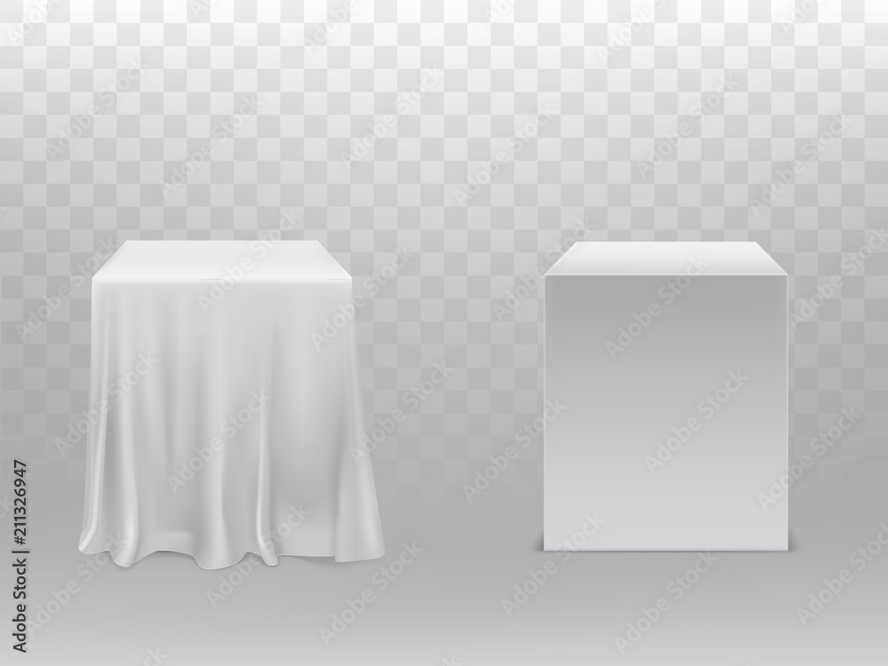 Vector realistic white cubes, one block covered with silk cloth ...