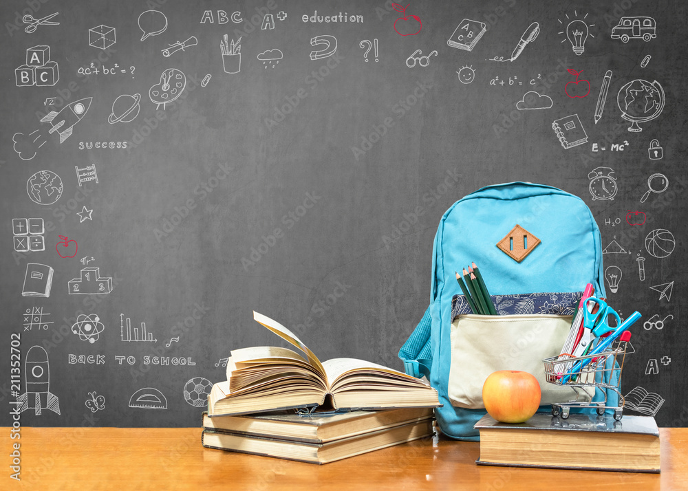Back to school concept with school books, textbooks, backpack and ...