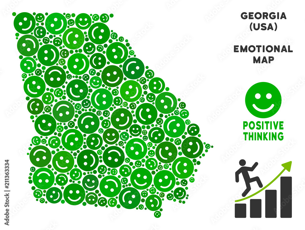 Happiness American State Georgia map composition of smileys in green tones. Positive thinking ...