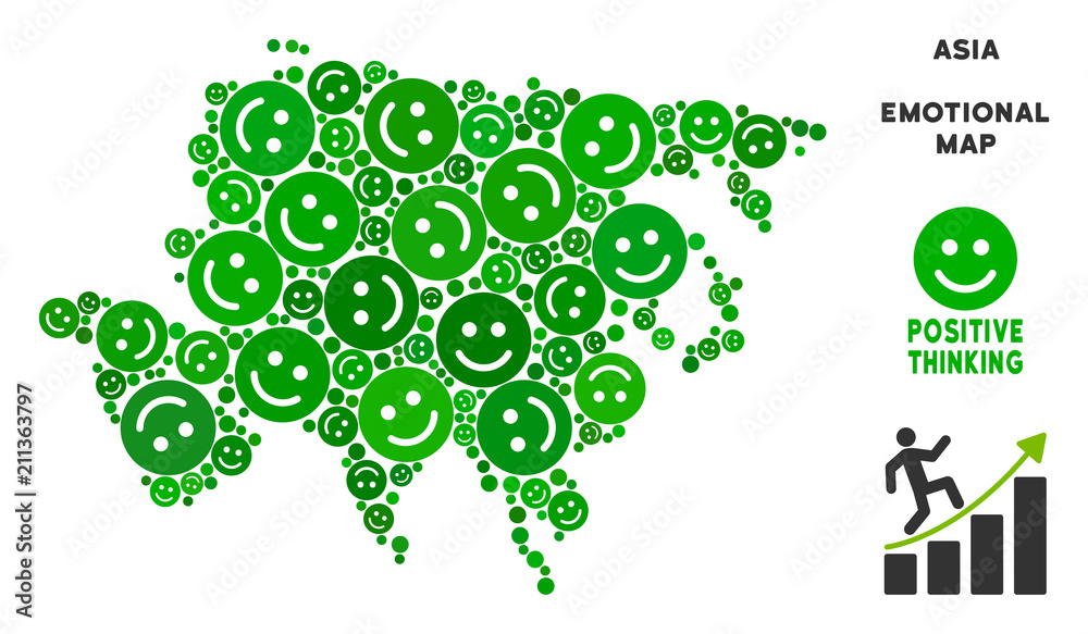 Joy Asia map composition of smileys in green tinges. Positive thinking ...