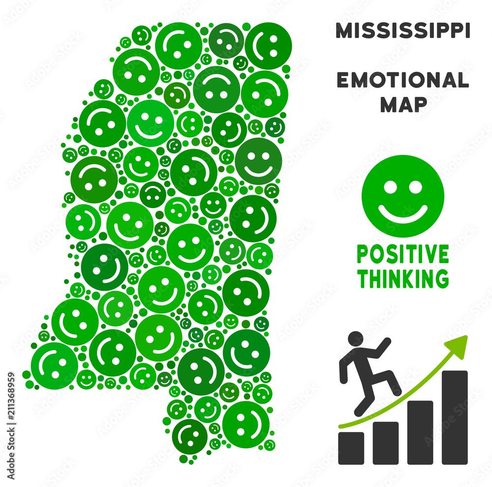 Joy Mississippi State map mosaic of smile emojis in green tinges ...