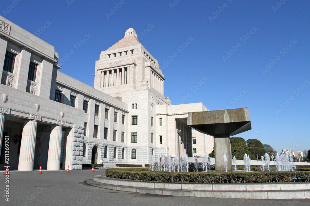 The unique, classic granite central tower of the National Diet Building ...