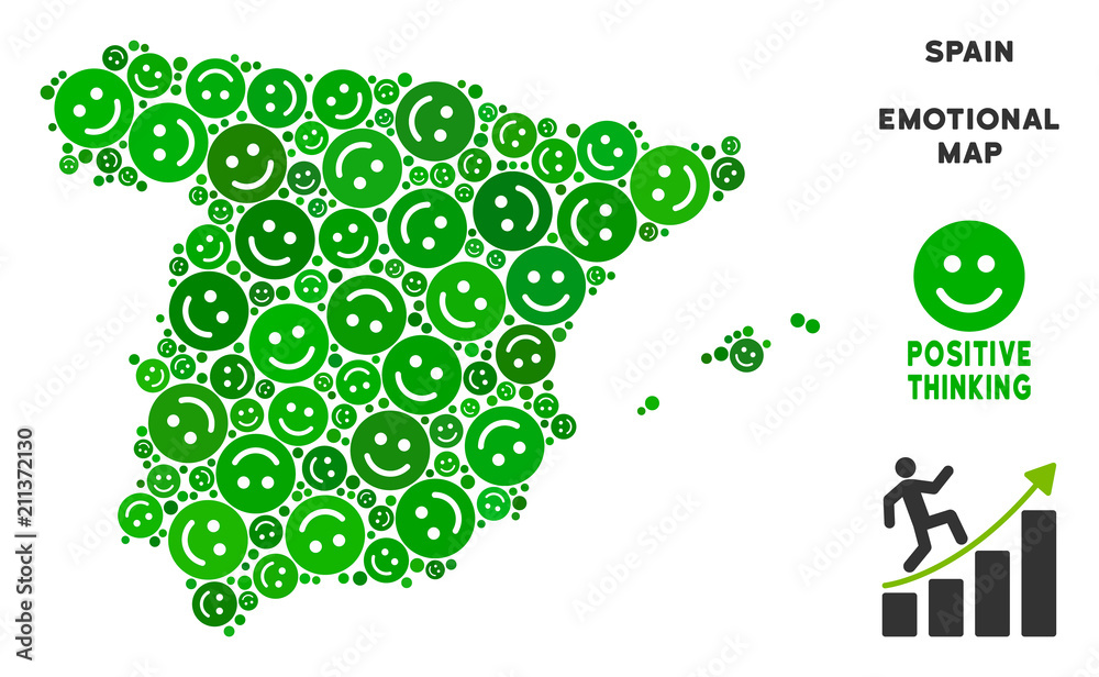 Joy Spain map composition of smileys in green variations. Positive ...