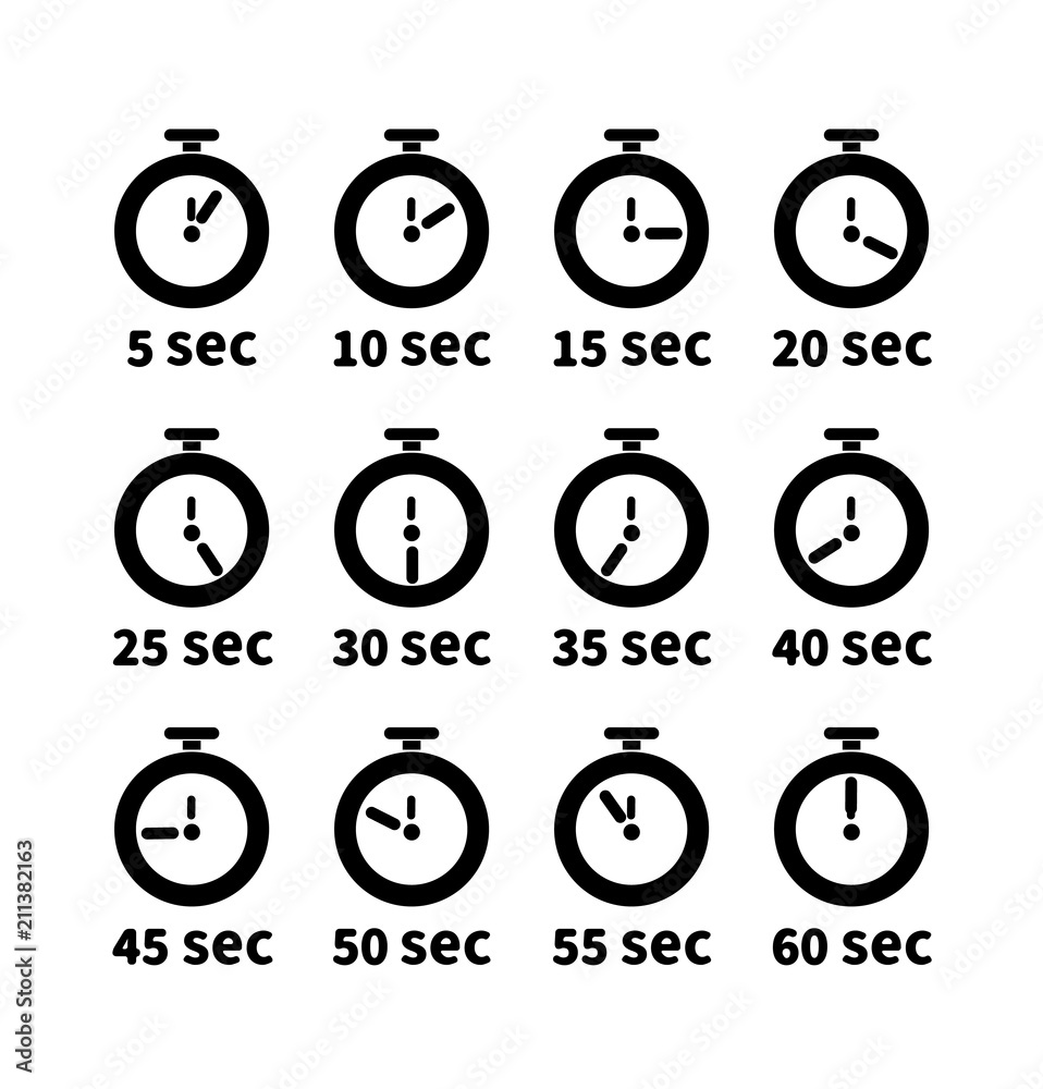 Set of clock faces with different seconds values, simple black timers ...