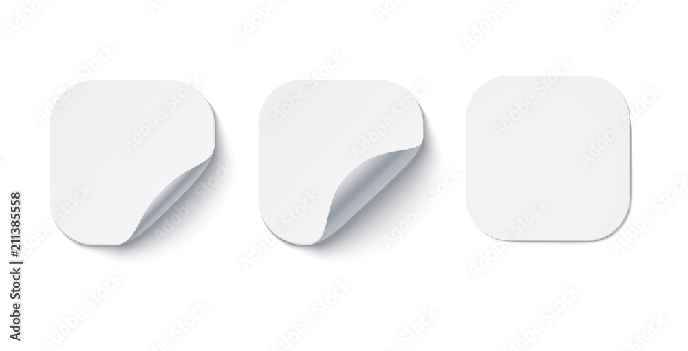 Blank white adhesive stickers with curled corners for notes. Layouts of ...