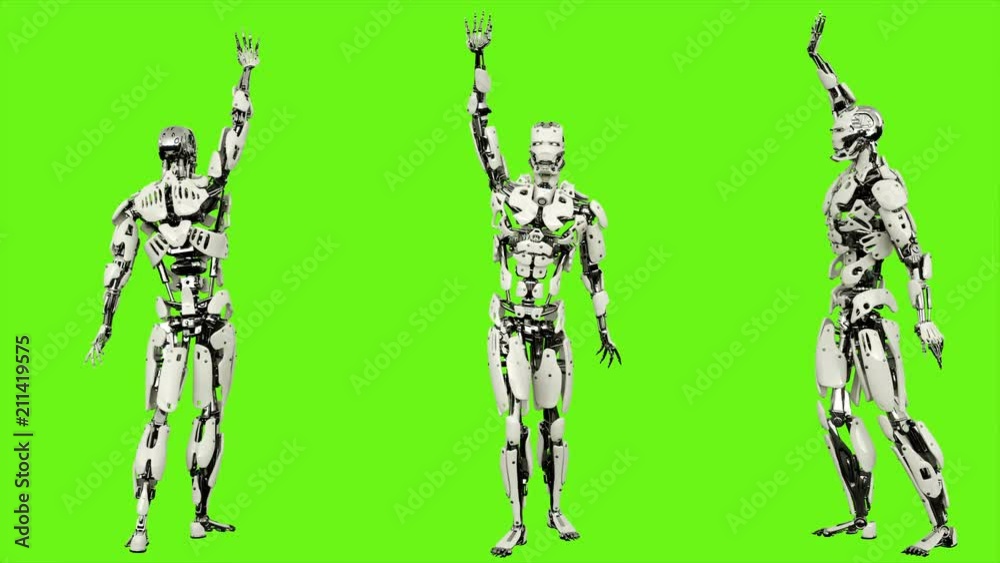Robot android is waving a greeting. Realistic looped motion on green ...