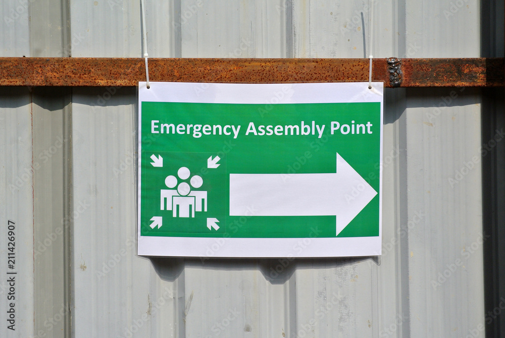 ANSI EMERGENCY Assembly Point Right Arrow Sign With Symbol, 49% OFF