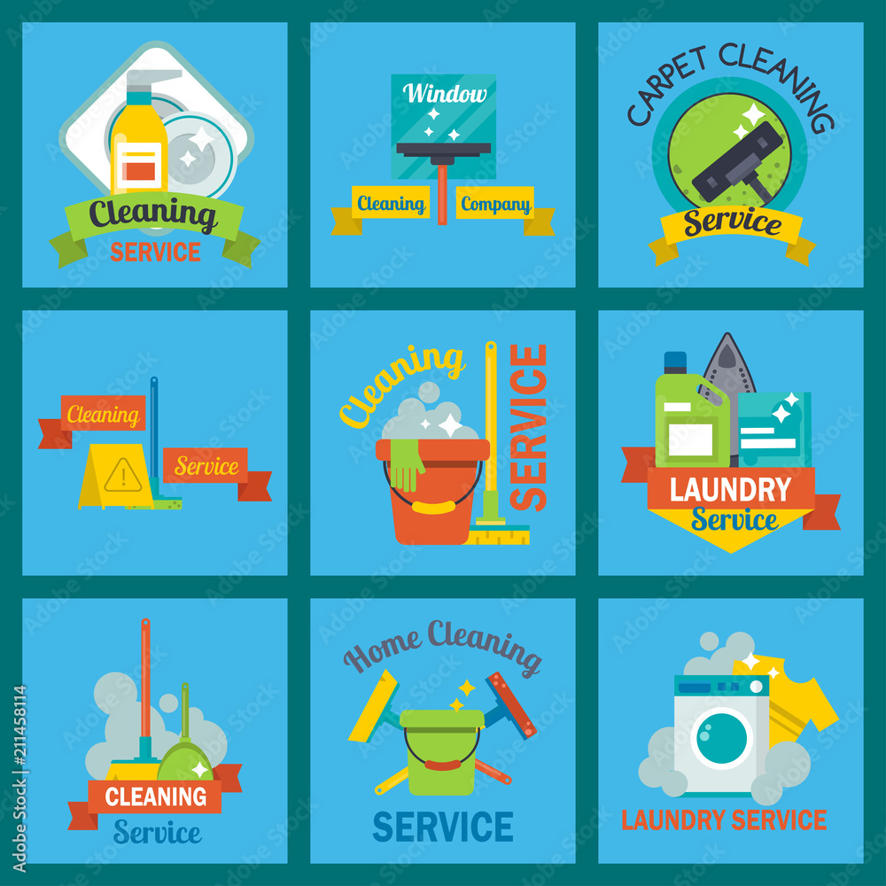 Cleaning service emblems labels design home household symbol work brush ...