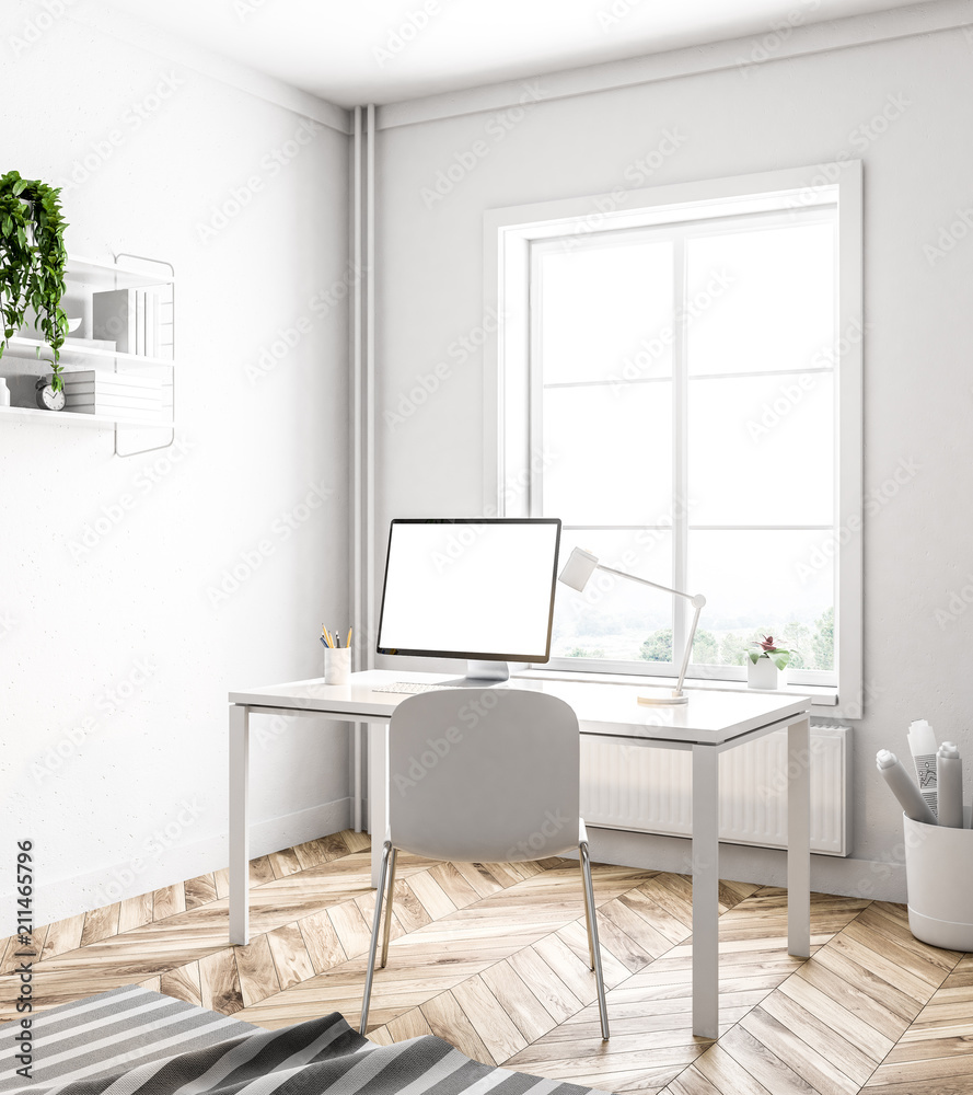 Simple white home office corner, white window Stock Photo | Adobe Stock