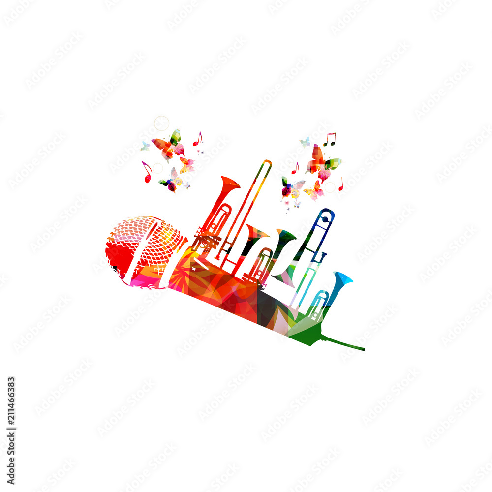 Colorful music background poster with microphone, trumpet and music ...