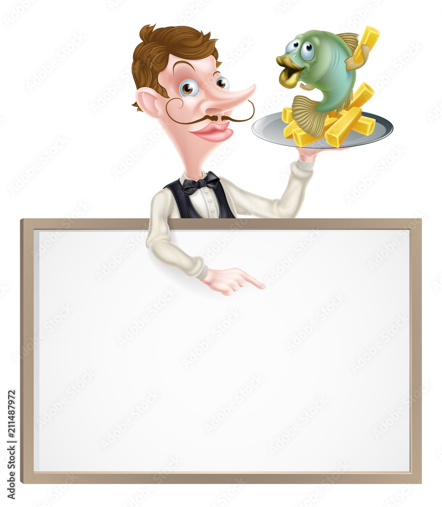 Cartoon Waiter Butler Fish and Chip Sign Stock Vector | Adobe Stock
