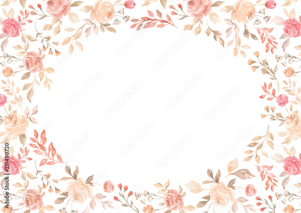 Vector watercolor pink flower, plant border white paper background ...