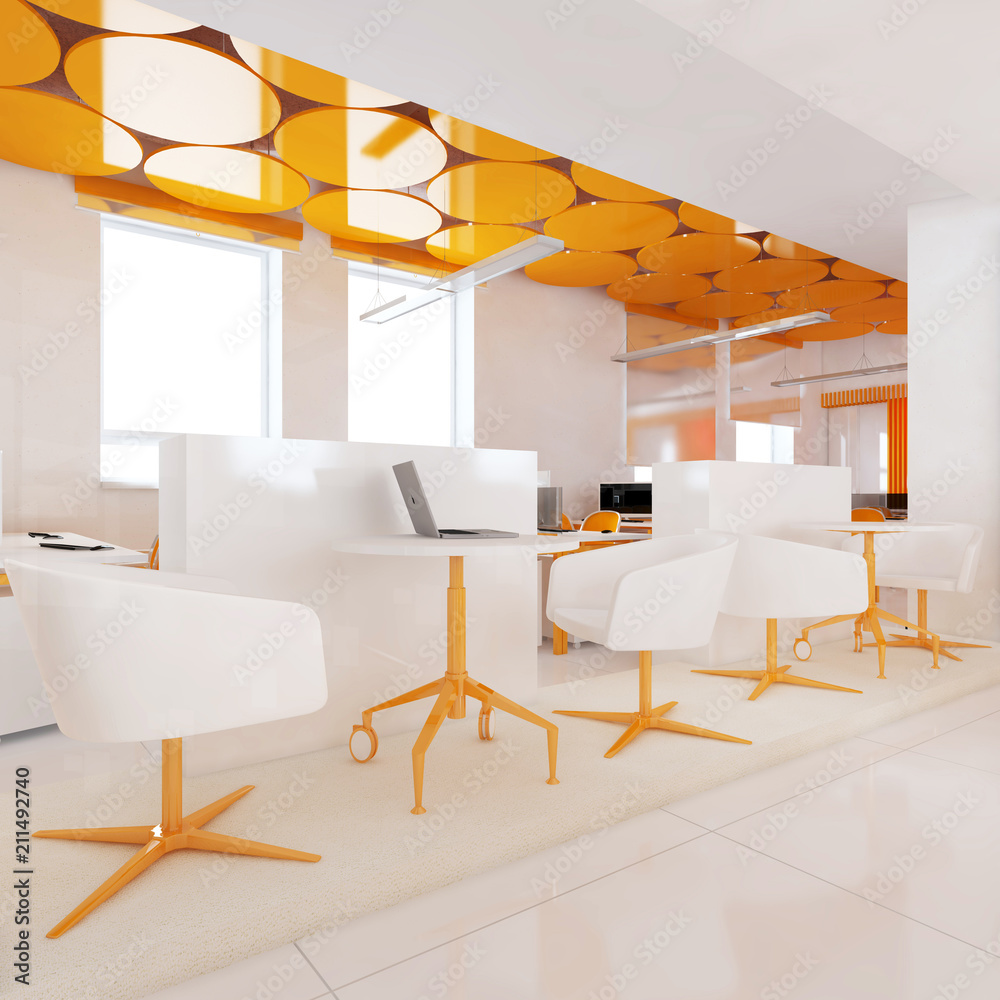 Perspective view of a color office interior with a row of white tables ...