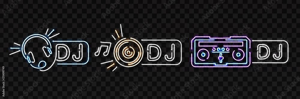Vector set of realistic isolated neon sign of Dj logo for decoration ...