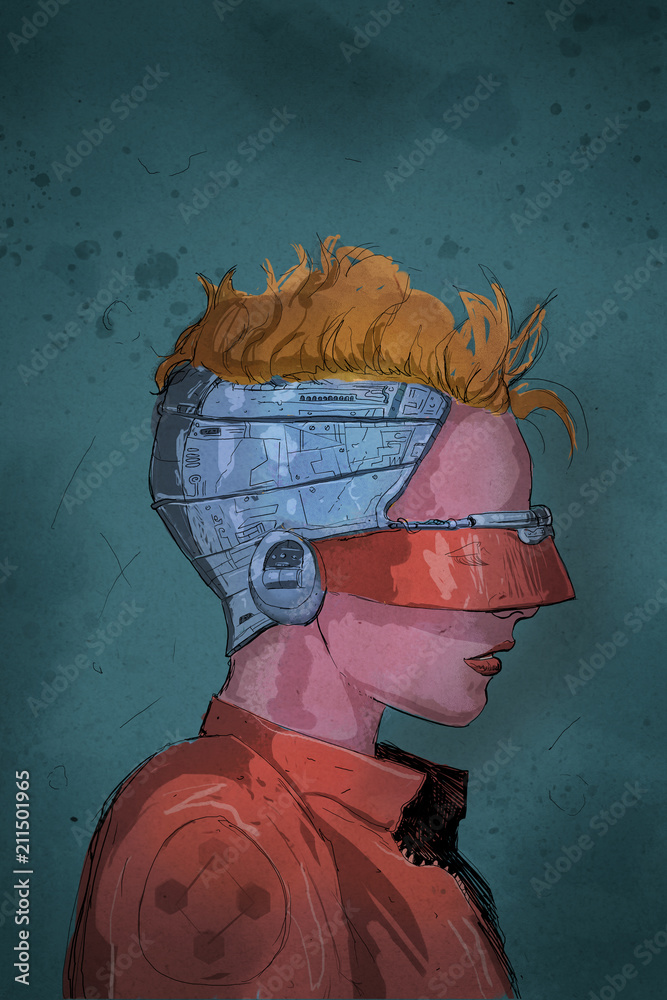 Female cyborg character profile shot ink and color drawing - digital ...