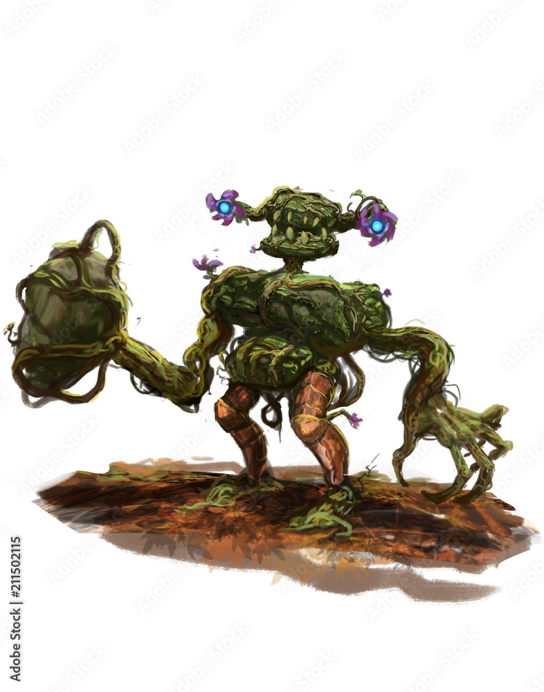 Magic mossy rock creature with armored legs isolated on white ...