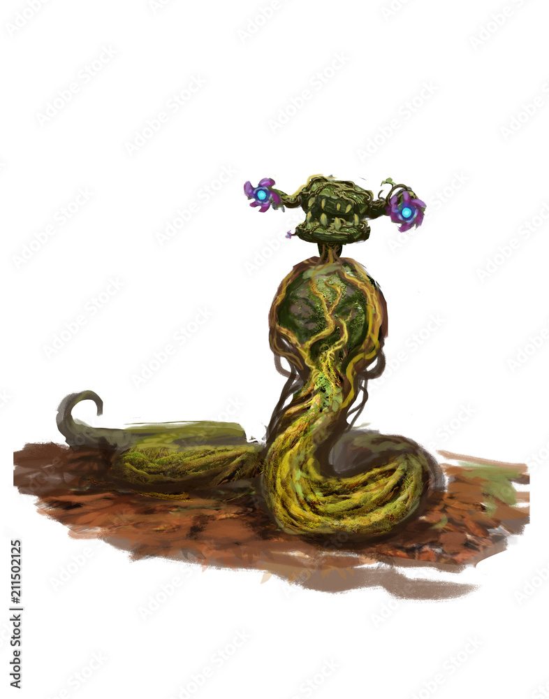 Magic mossy snake rock creature isolated on white background - digital ...