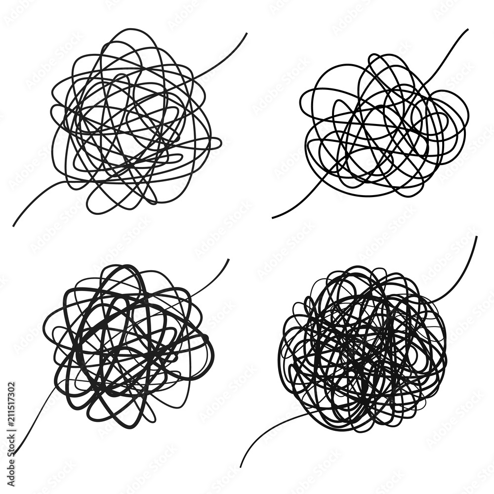 Set of complicated black line way. Chaotic texture. Hand drawn tangle ...