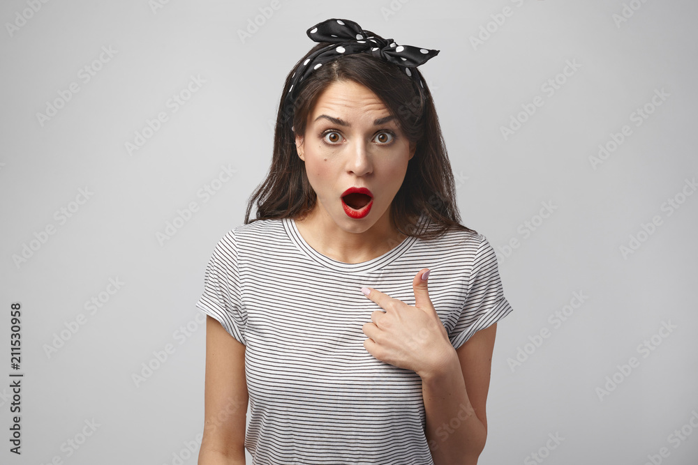 You mean me? Picture of puzzled confused young beautiful woman dressed ...