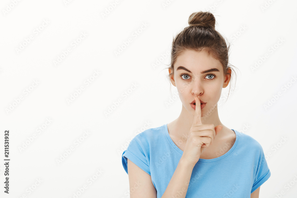 Shh say no more. Portrait of flirty good-looking Caucasian female with ...
